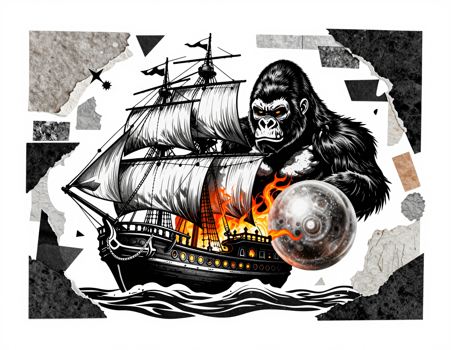 A gorilla sitting on top of a boat in the ocean. | AI Collage image
